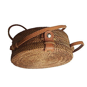 GQZ Handwoven Round Rattan Bag (Plain Weave Leather Closure), Straw Bag