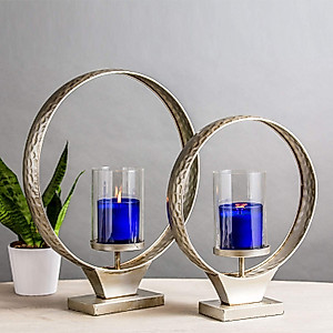 Foreside Home & Garden Small Hammered Metal Round Ring Pillar Candle Holder, Silver