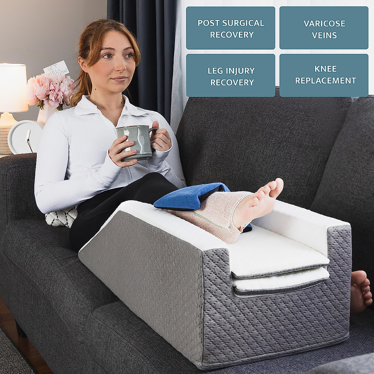 Kӧlbs Single Or Double Leg Elevation Pillow | Post Surgery Leg Pillow | Stylish Chic Jacquard Cover | Ankle Knee and Leg Support Pillow for Injury After Surgery (Adjustable)
