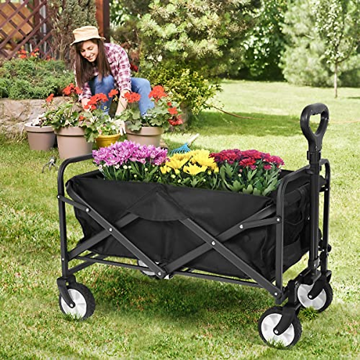 Collapsible Folding Wagon, Heavy Duty Utility Beach Wagon Cart with Side Pocket, Large Capacity Foldable Grocery Wagon for Garden Sports Outdoor Use