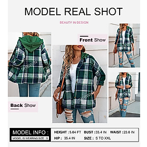 SHEWIN Womens Casual Plaid Hooded Flannel Shacket Jacket Hoodie Fall Winter Long Sleeve Oversized Button-Down Boyfriend Shirts Tops,US 18-20(2XL),Green