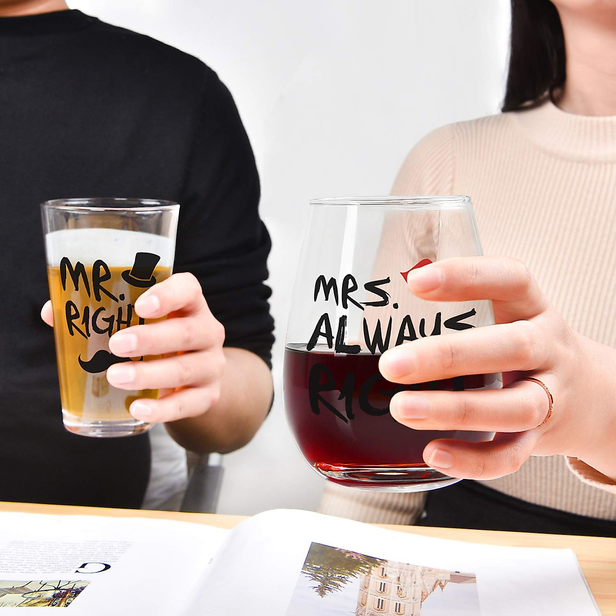 Mr. Right and Mrs. Always Right Wine Glass and Beer Glass Set, Glass Set for Engagement Wedding Anniversary, Couples Newlyweds Wife Husband Mr and Mrs