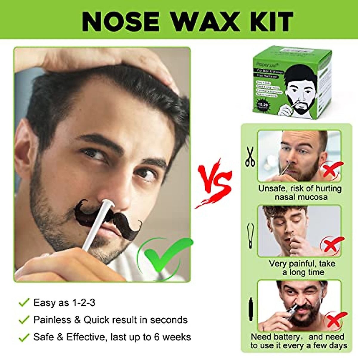 Auperwel Nose Wax Kit, 100g Nose Wax, 20 Blu Applicators, Nostril Waxing Kit for Men and Women Painless Hair Removal with 15 Mustache Guards, and 10 Paper Cups, Nose Ear Wax Kit with 15-20 Uses