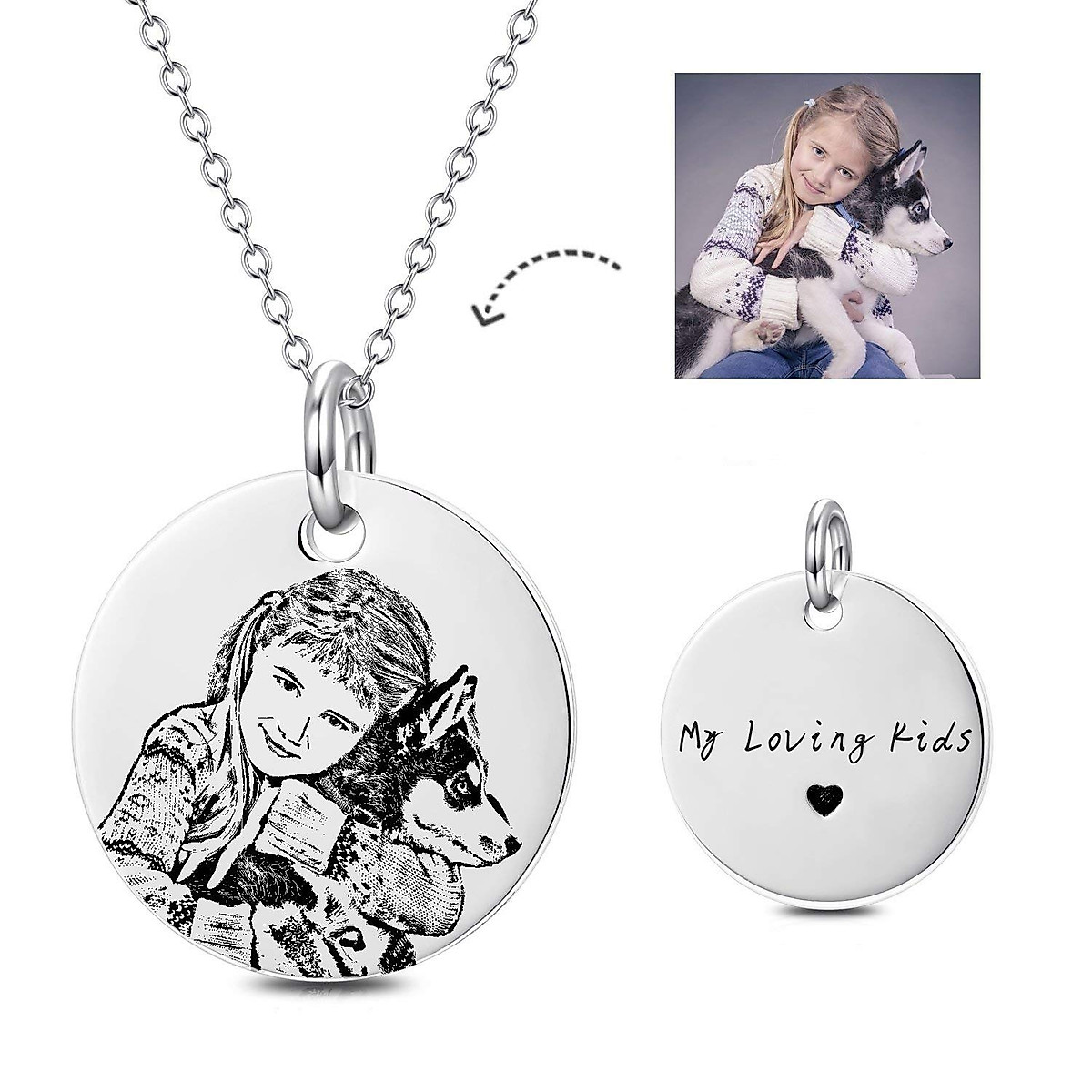 LONAGO Personalized Photo Necklace Sterling Silver Custom Engraved Picture Image Necklace Pendant Black and White Color Gifts (small circle)