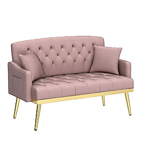 Antetek Upholstered Velvet Loveseat Sofa, Modern Small Sofa Couch with Side Pocket and Golden Metal Legs, Tufted Leisure Sofa for Living Room, Bedroom, Office, Pink