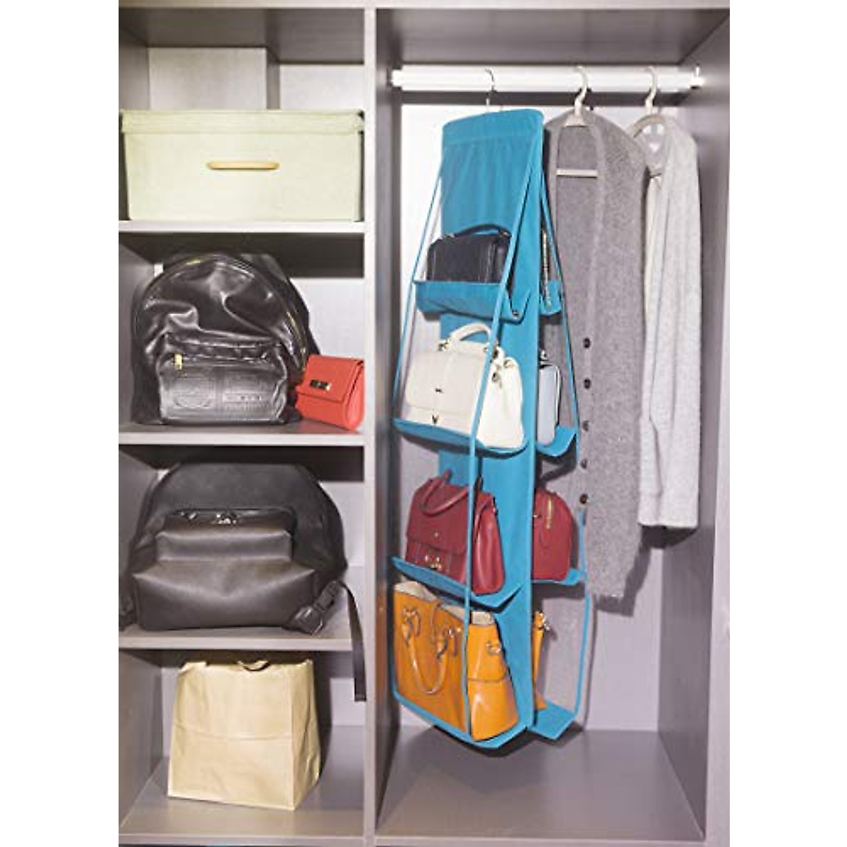 Amelitory Hanging Handbags Holder for Closet 4 Shelf Purse Bags Storage 8 Compartment Dust-Proof Organizer Lake Blue