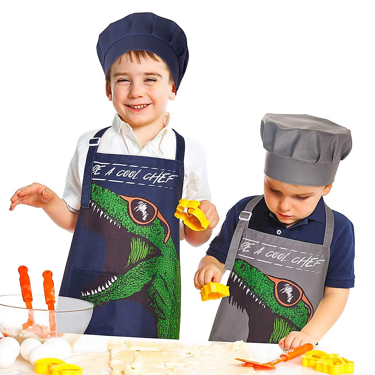 MHJY Kids Apron and Chef Hat for Boys Dinosaur Child Aprons with Pockets,Adjustable Child Apron for Cooking Baking Painting,Dark Blue,Small (3-7 Years)
