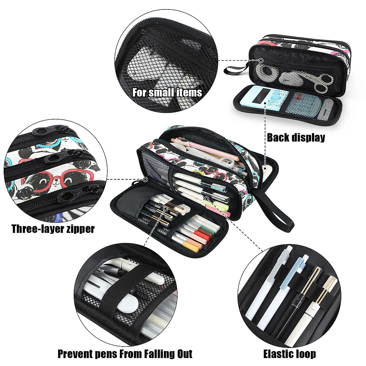 Fustylead Panda Wear Glasses Big Capacity Pencil Pen Case, Multi-Purpose Makeup Bag Organizer Storage Pouch for Office College School Hiking Travel