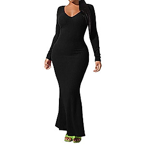 Verdusa Women's Deep V Neck Long Sleeve Ribbed Knit Fishtail Maxi Bodycon Sweater Dress Black XS