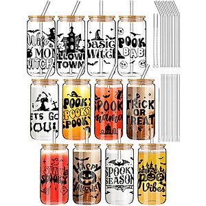 Umigy 12 Pcs Halloween Cups 16oz Halloween Mason Jar with Lid Straw Halloween Tumbler Ghost Iced Coffee Cups Beer Glassware Cookie Jar Gift Drinking Water Bottles Halloween Decoration (Retro Style)