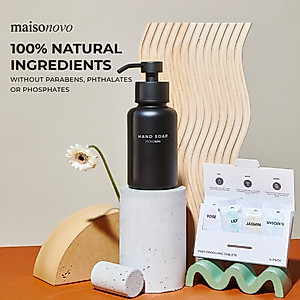 MaisoNovo Shampoo and Conditioner Dispenser with Wall Mounts - 4 Pack Mixed Scent Foaming Hand Soap Tablets + 1 Black Glass Dispenser