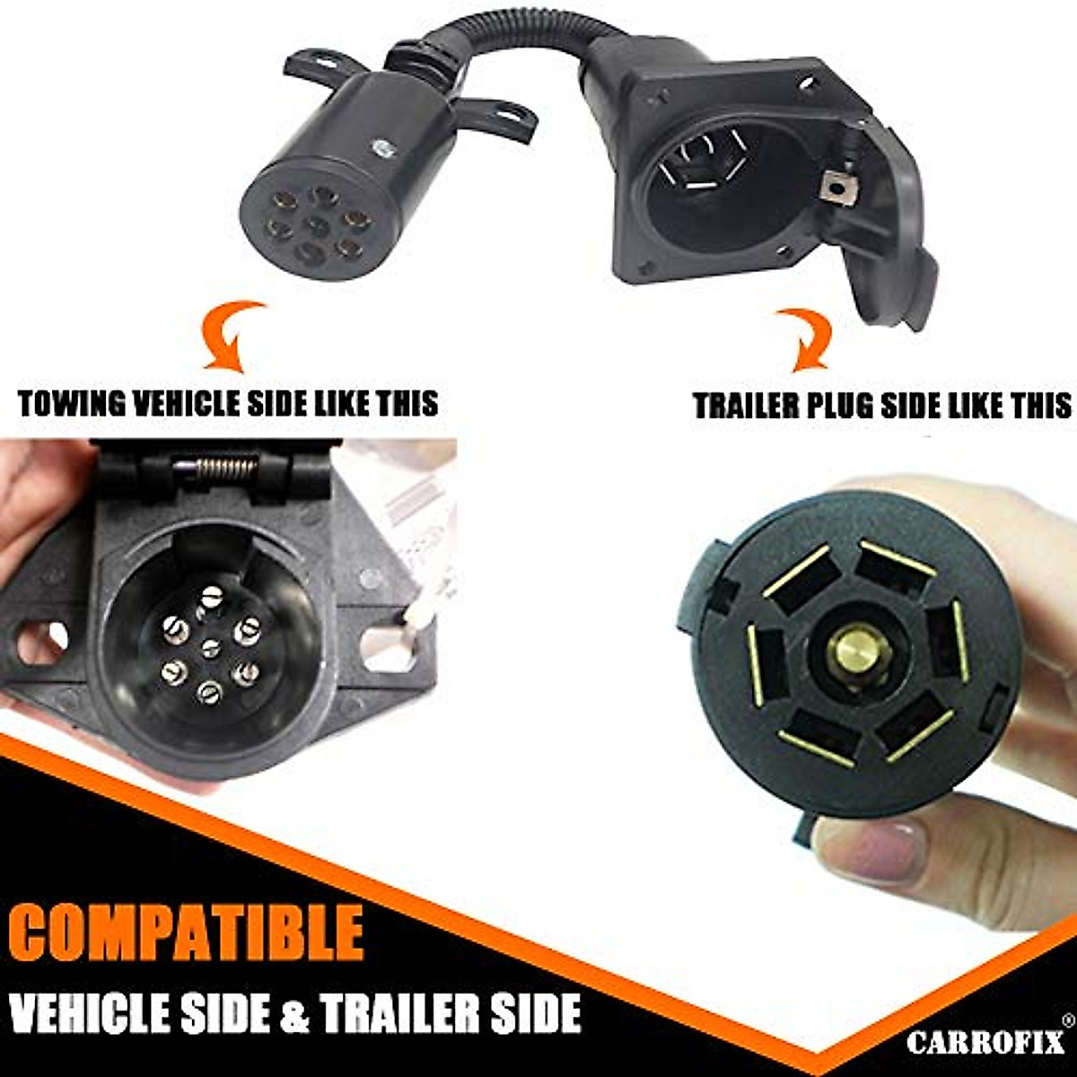 CARROFIX 7 Pin Round to 7 Way RV Blade Trailer Adapter Wiring Connector