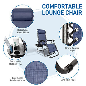 Bonnlo Infinity Zero Gravity Chair, Outdoor Lounge Patio Chairs with Pillow and Utility Tray Adjustable Folding Recliner for Deck,Patio,Beach,Yard Pack 2 (Blue)