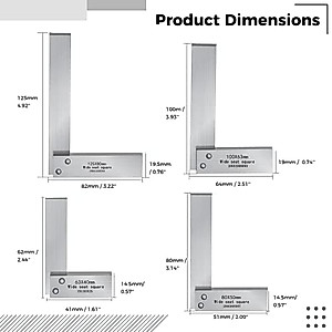 Machinist Square Set, 4-Piece High Precision Square Woodworking Wide Base Square Tool Right Angle Square L-Type Measuring Tool, 2-in, 3-in, 4-in & 5-in Squares