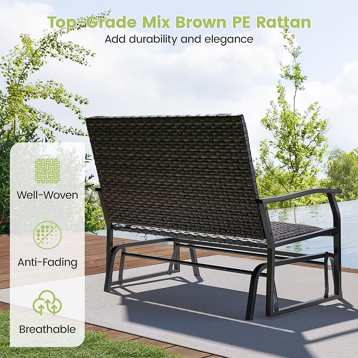 Tangkula Outdoor Rattan Glider Bench, 2-Person All Weather Resistant Glider Loveseat w/Quick Dry Foam Seat & Heavy-Duty Metal Gliding Arms, Outdoor Rocking Bench for Poolside, Garden, Backyard