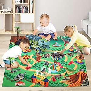 CUTE STONE Dinosaur Truck, Dinosaur Transport Car Carrier Truck with Dinosaur Toys, Friction Powered Cars, Activity Playmat, Dino Car Playset Toys for Kids Boys Grils