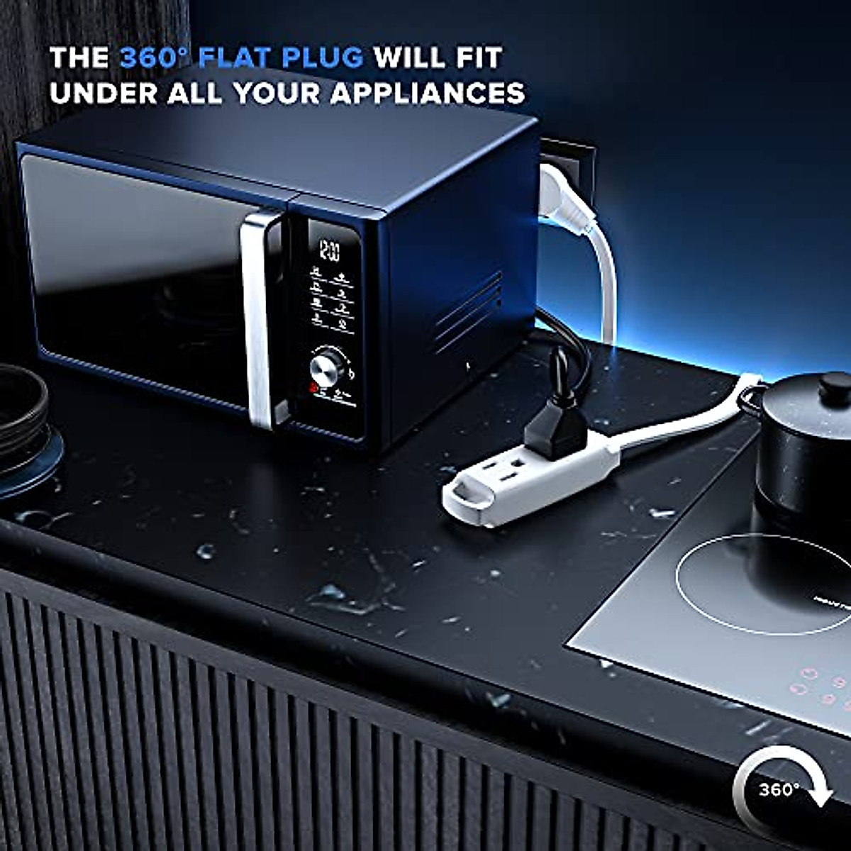 Maximm Cable 10 Ft 360° Rotating Flat Plug Extension Cord/Wire, 16 AWG Multi 3 Outlet Extension Wire, 3 Prong Grounded Wire - White - UL Certified