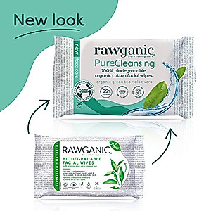 RAWGANIC Refreshing Facial Wipes | Gentle Soothing, Alcohol-free, Fragrance-free, Biodegradable Organic Cotton Wipes | with Aloe Vera and Green Tea | 12 Packs of 25 (300 wipes)
