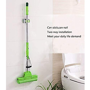 LYASI Stainless Steel Mop and Broom Holder, Dual-Purpose Wall Mounted Mop Broom Organizer with 2 Pcs 3M Self Adhesive and Double Screws,Bathroom Kitchen Organizer Rack with Spring Clip Design