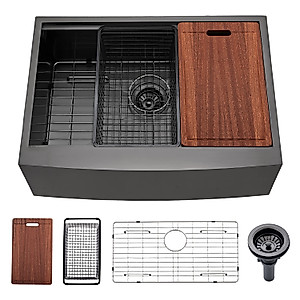 30 Inch Black Undermount Farmhouse Kitchen Sink, 30 x 22 x 10 Inch Farm Workstation Kitchen Sink 16 Gauge Stainless Steel Apron Front Black Kitchen Sink with Accessories