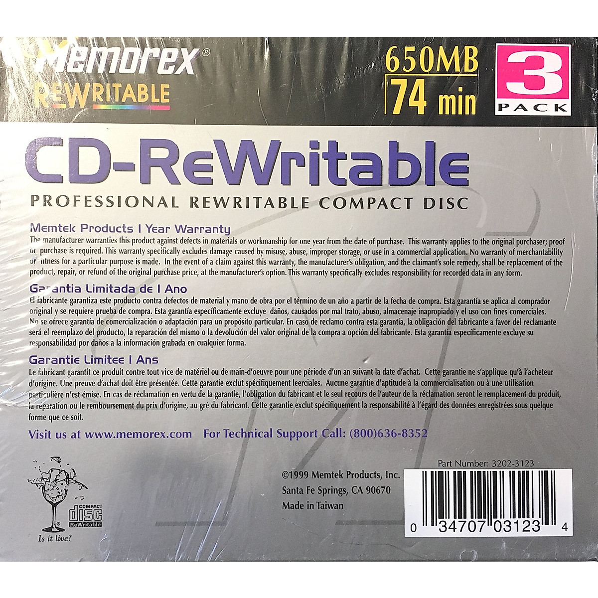 3-Pack of Memorex CD-RW 650MB 74 min Professional Rewritable Compact Disks in standard jewel cases