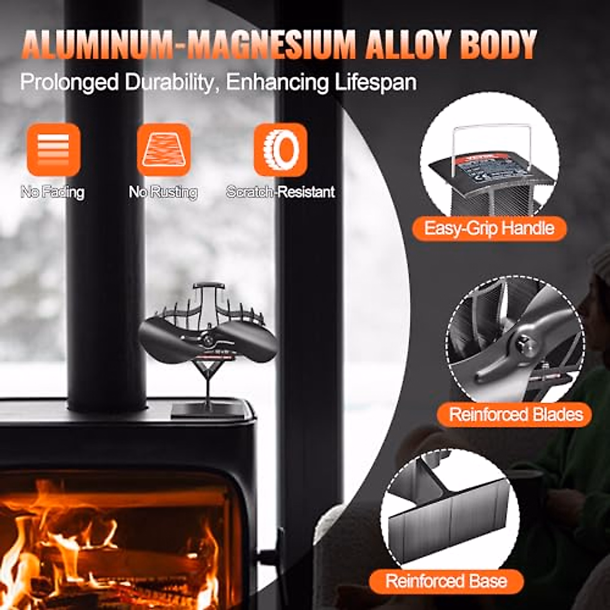 VEVOR Wood Stove Fan Heat Powered, Quiet Fireplace Fans for Wood/Log Burner/Heater, 260 CFM Max. Airflow Non Electric, Aluminum Alloy Circulating Warm Air Saving Fuel, 2 Blades, 7.1'' x 4.2'' x 7.7''