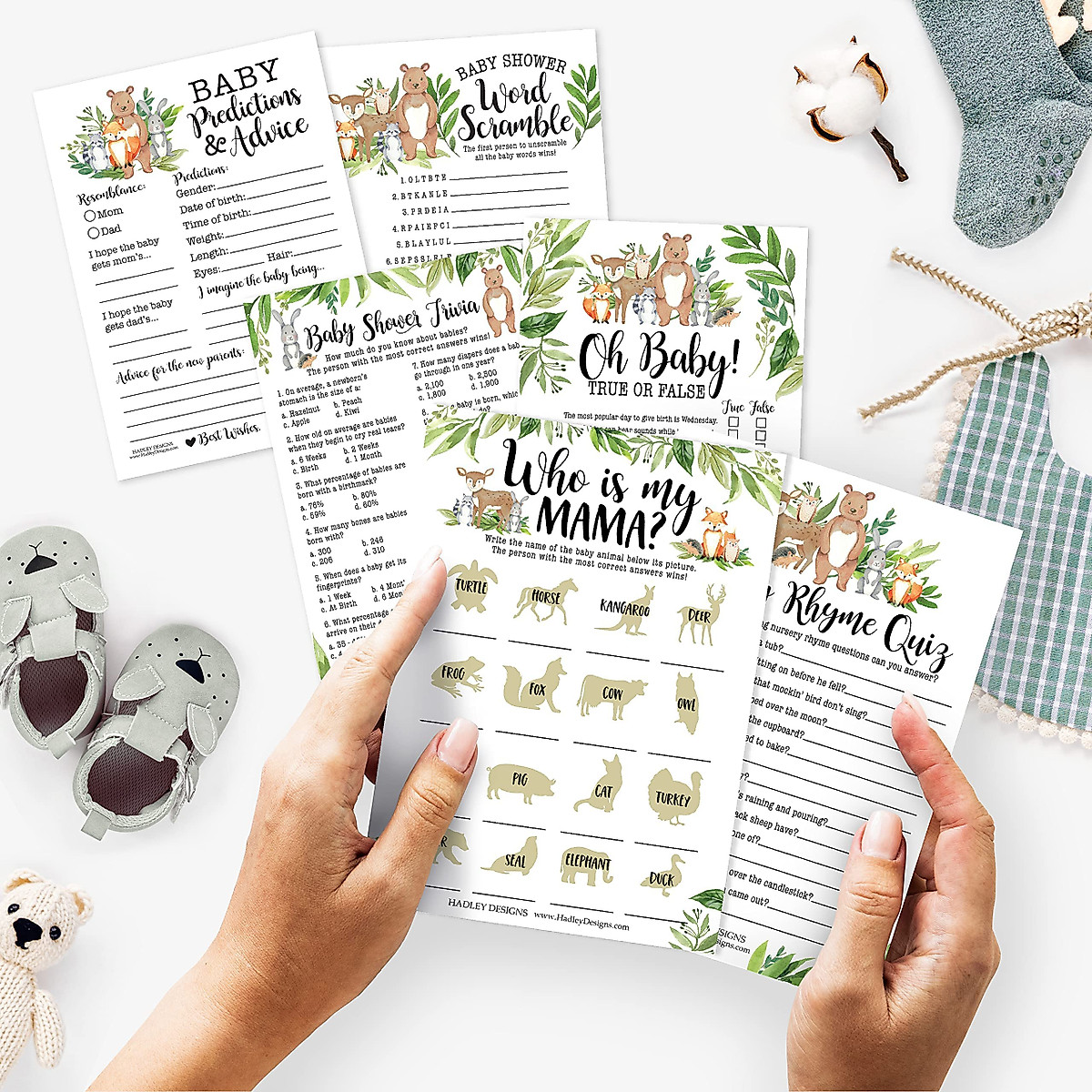 50 Woodland Baby Prediction And Advice Cards, Trivia Games, etc, 25 Baby Animal Matching, Nursery Rhyme Game - 6 Double Sided Cards Baby Shower Games Funny, Baby Shower Ideas Baby Sprinkle Games