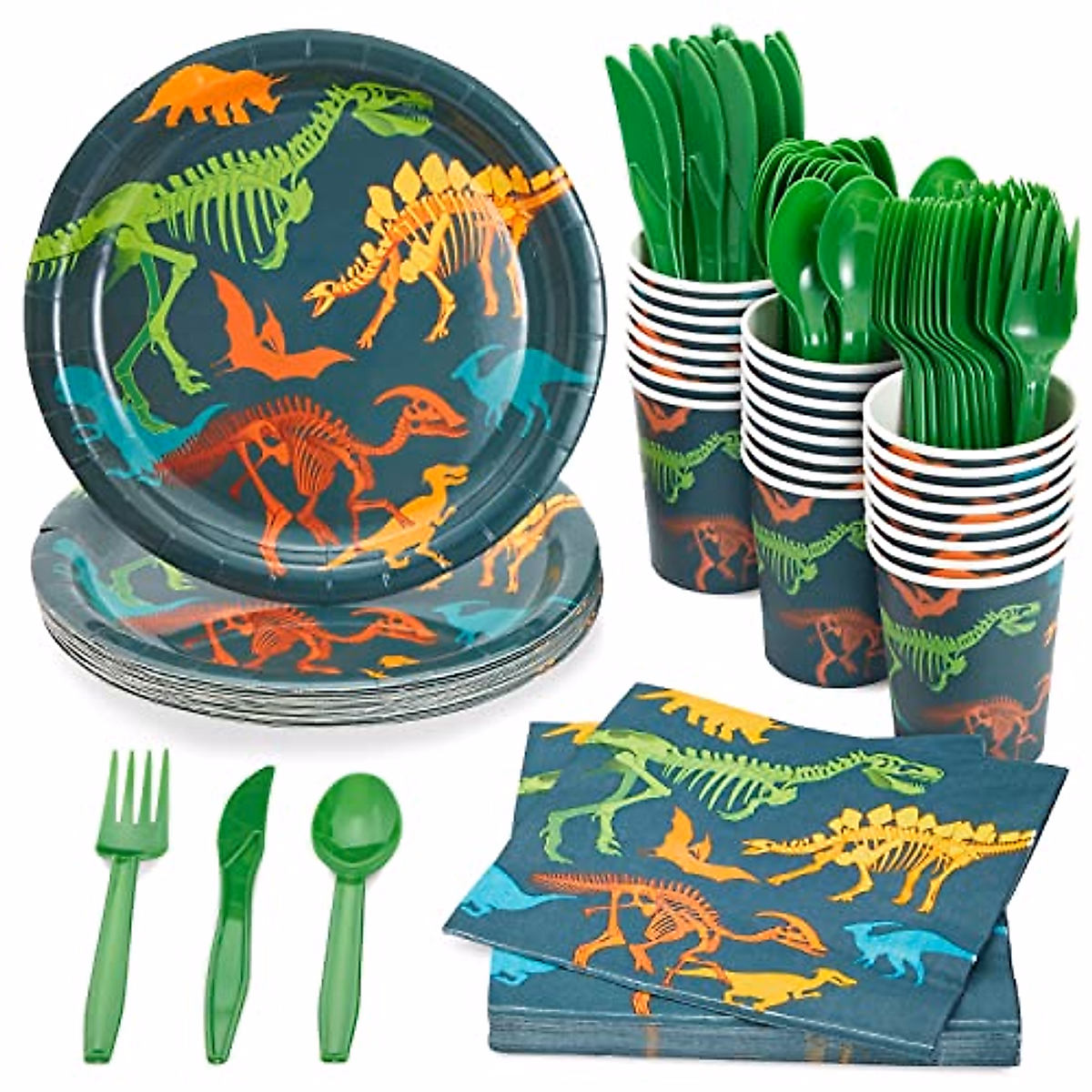144 Piece Rawr Dinosaur Birthday Party Supplies, Dino Dinnerware Set with Plates, Napkins, Cups, and Cutlery (24 Guests)