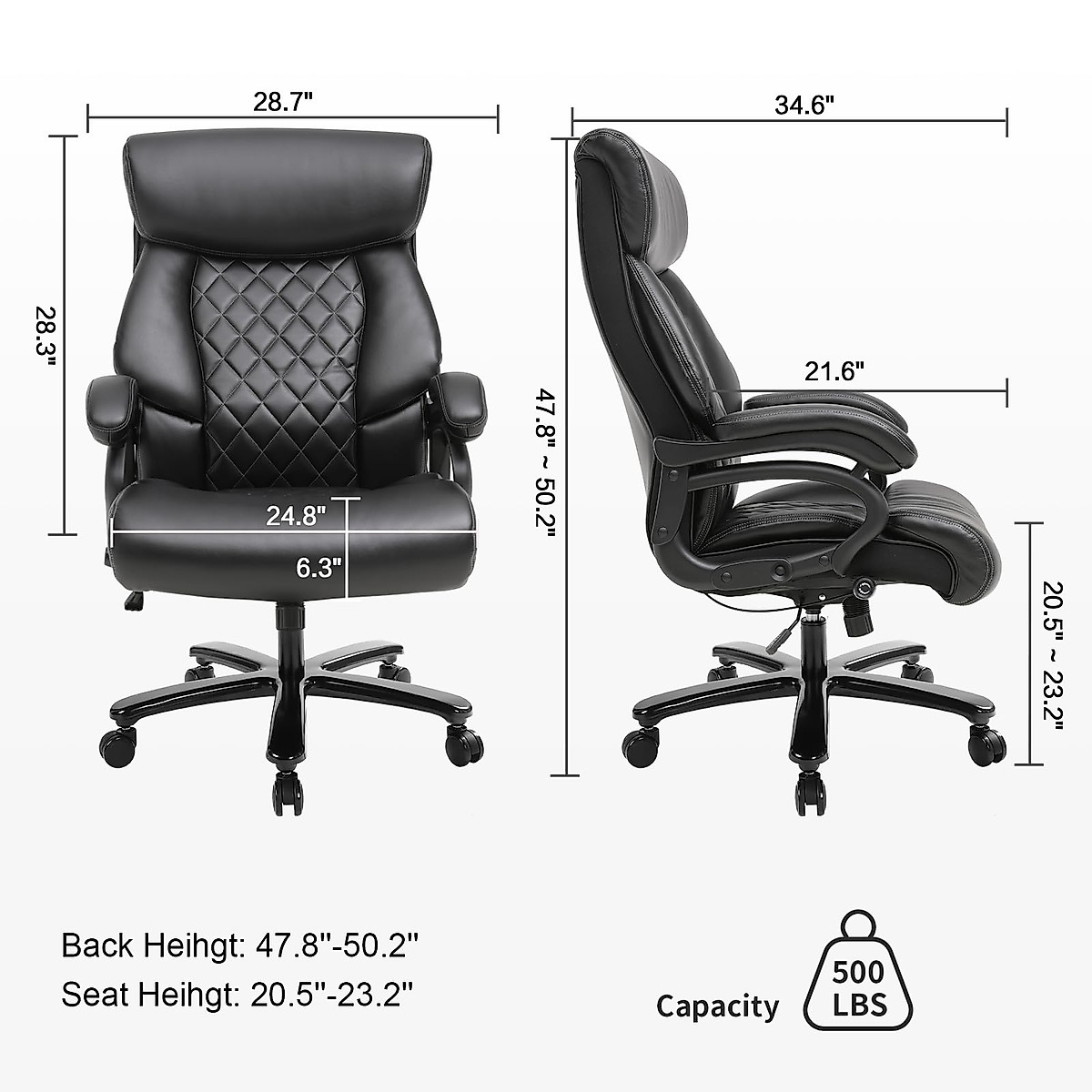 BOWTHY Big and Tall Office Chair 400lbs Heavy Duty Ergonomic Computer Desk Chair with Arms High Back Adjustable Lumbar Support 360 Swivel Task Chair Executive Leather Chair (Black)