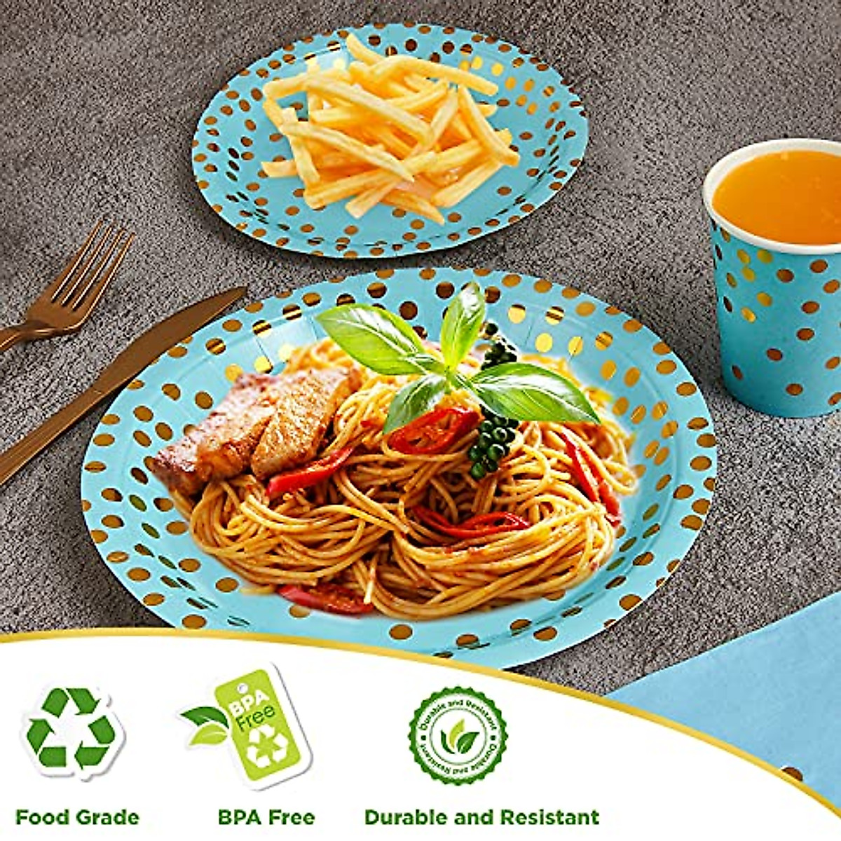 210 Piece Golden Dot Dinnerware Set 30 Guest - 60 Blue Paper Plates,30 Gold Plastic Silverware,30 Paper Cups,30 Paper Napkins, FOCUSLINE Disposable Party Dinnerware for Graduation Birthday Wedding
