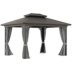 Outsunny 10' x 12' Hardtop Gazebo Canopy with Galvanized Steel Double Roof, Aluminum Frame, Permanent Pavilion Outdoor Gazebo with Netting and Curtains for Patio, Garden, Backyard, Gray