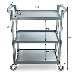 New Star Foodservice 54545 250-Pound Plastic 3-Tier Utility Bus Cart with Locking Casters, 32" x 16" x 38", Gray