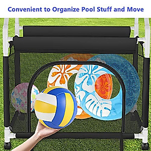 Heavy Duty Vertical Poolside Pipe Towel Rack for Pool, Lake, RV, PVC Outdoor Pool Beach Towel Rack Shelf with Organizer Net Mesh and Moveable Wheels, 4 Small Towel Clips and Installation Hammer
