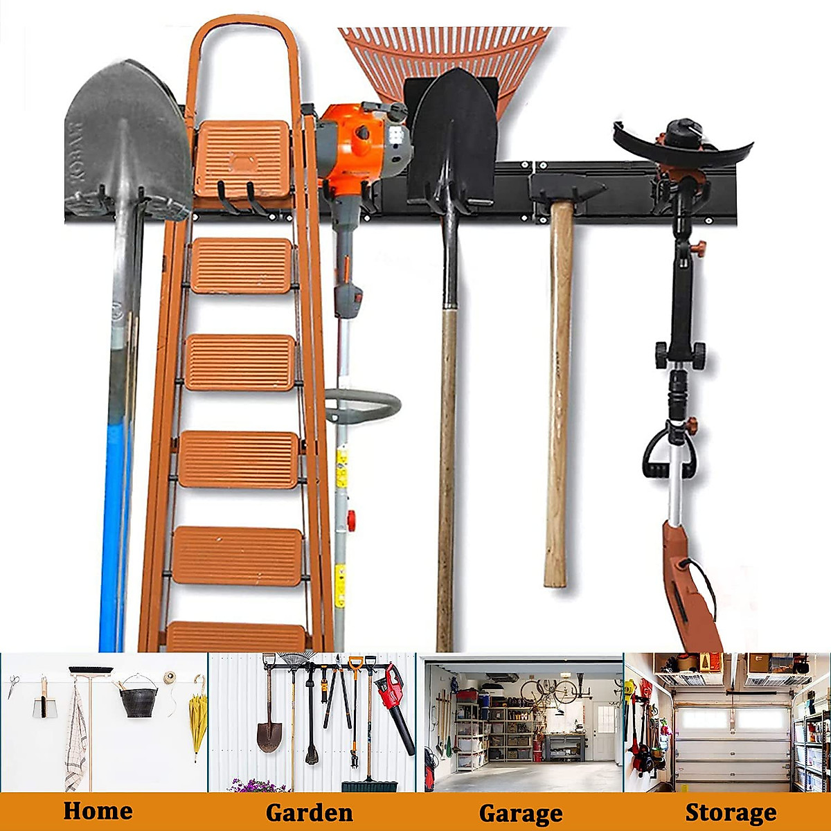 foriy Garage Clamping Garden Tool organizer Tool Storage Rack with 6 Hooks Wall Mount Tool Storage Hook Heavy Duty Garden Tool Hanger Rack for Ski Gears, Chair, Broom, Mop, Rake Shovel Yard Tools