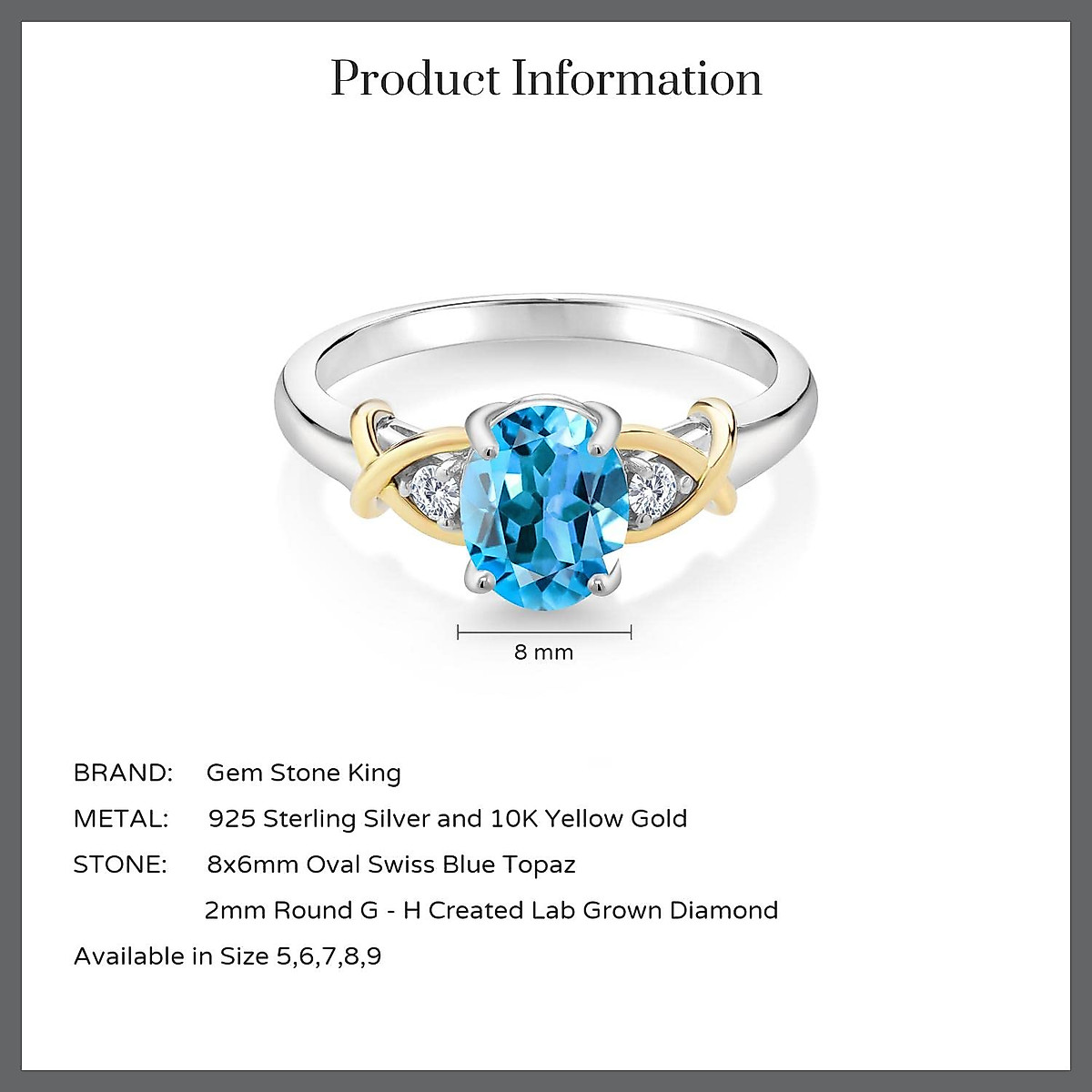 Gem Stone King 2 Tone 10K Yellow Gold and 925 Sterling Silver Swiss Blue Topaz and Lab Grown Diamond Ring For Women (1.58 Cttw, Gemstone Birthstone, Available In Size 5, 6, 7, 8, 9)