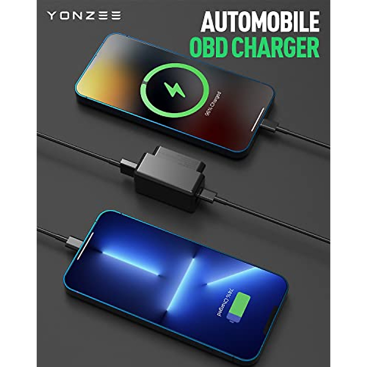 YONZEE Car Charger for Tesla Model 3/Y OBD Power Adapter, 43W Car Charger Cell Phone Fast Charging Dual Port OBD to USB-C Charging Port Car Charger OBD Adapter for Model 3/Y Car Accessories