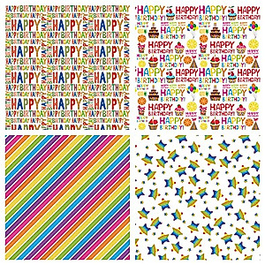 THMORT Birthday Wrapping Paper for Kids, Boys&Girls, Adults. Gift Wrapping Paper With Colorful Happy Birthday Font Print, Star, Rainbow Stripe lines,4 Bright and Shine Designs for Baby Shower, Holiday, Party. Pack Of 12 Sheets 20 X 29 Inch