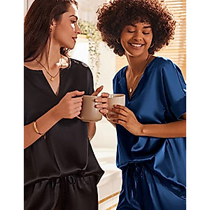 Ekouaer Women's Satin Pajamas Set Soft Short Sleeve Loungewear Two Piece Silky Long Pant Pjs Set Navy Blue