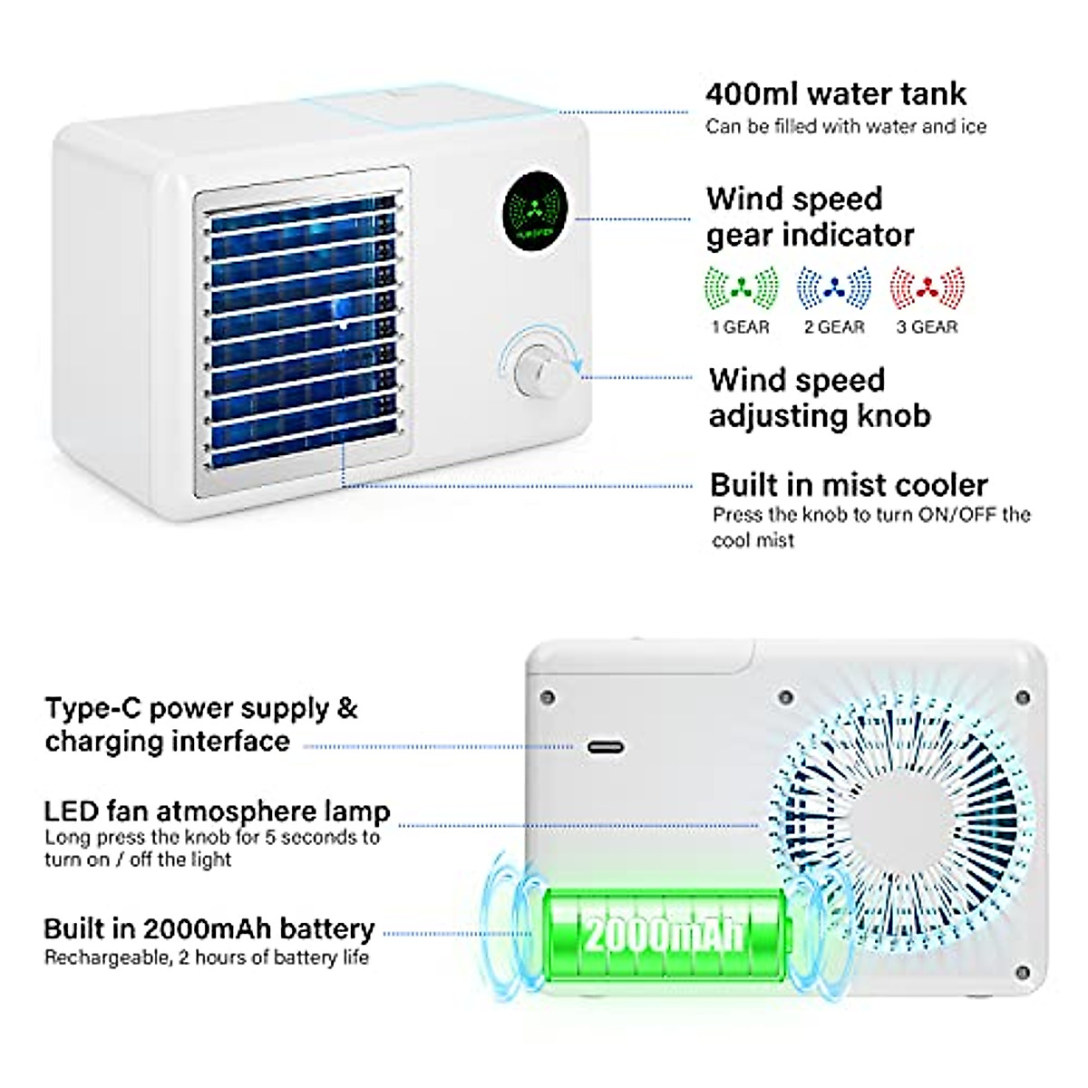 CXhome Portable Air Conditioner Fan Evaporative Air Cooler 3-in-1 Air Humidifier 3 Speeds & RGB Gradient Colour USB Retro Radio Style for Room Office Travel