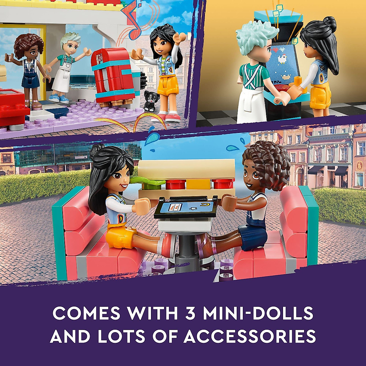 LEGO Friends Heartlake Downtown Diner Building Toy - Restaurant Pretend Playset with Food, includes Mini-Dolls Liann, Aliya, and Charli, Birthday Gift Toy Set for Boys and Girls Ages 6+, 41728