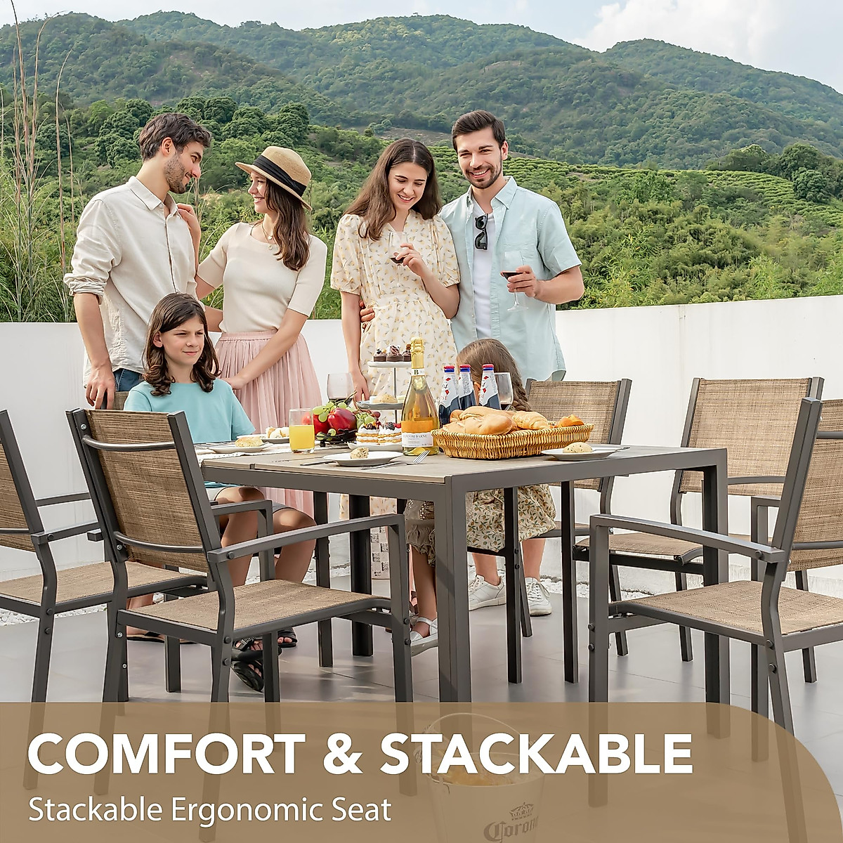 Devoko Patio Dining Set 7 Piece Outdoor Furniture with Rectangular Table and 6 Stackable Chairs Family Conversation Set for Garden Backyard Deck (Brown)