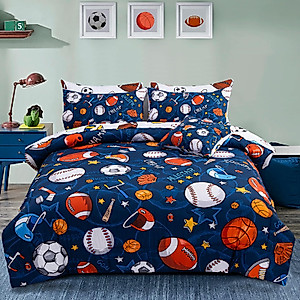 A Nice Night 6Pcs Bed in A Bag Full Sports Microfiber Modern Comforter Set,Navy Rugby Ball Printed Bedding Collections,for Boys Kids Teen