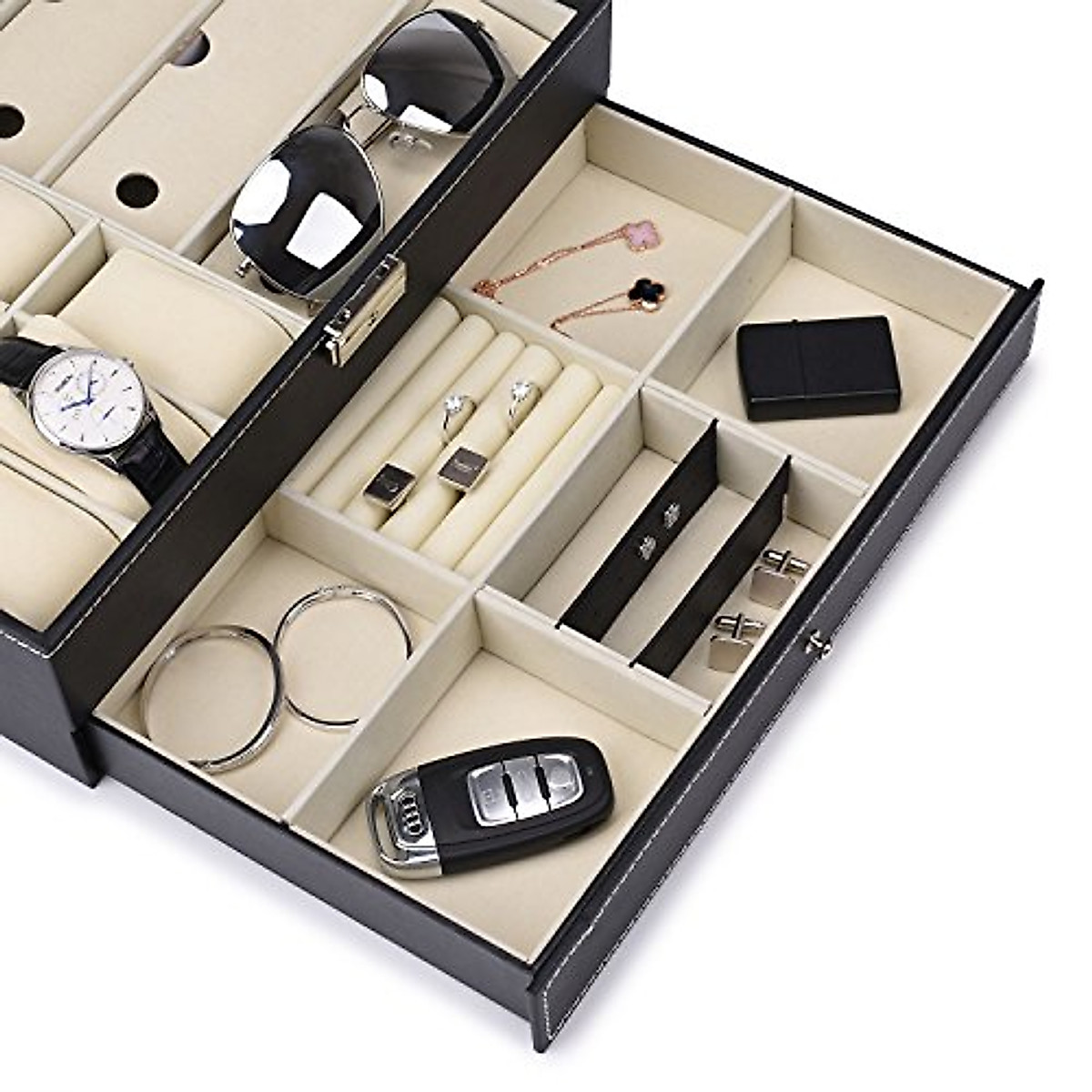 JS NOVA JUNS 6 slots watch box Jewelry Organizer Lockable Sunglass Display Case with Black Faux Leather