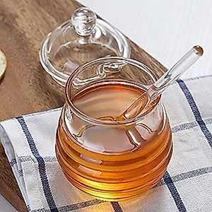 Bee-hive Honey Jar Glass Honeypot, Honey Syrup Dispenser with Dipper and Lid for Home Kitchen