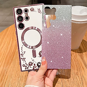 LSL Magnetic Case for Samsung Galaxy S23 Ultra with Camera Protection [Compatible with MagSafe][Strong Magnetic] Luxury Plating Soft TPU Shockproof Glitter Flower Phone Case for Women Girls, Pink