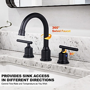 WOWOW 2 Handle Bathroom Faucet Matte Black Bathroom Sink Faucet Widespread Faucet with Pop Up Drain Brass Bathroom Faucet 3 Hole Vanity Faucet 8 Inch Basin Faucet