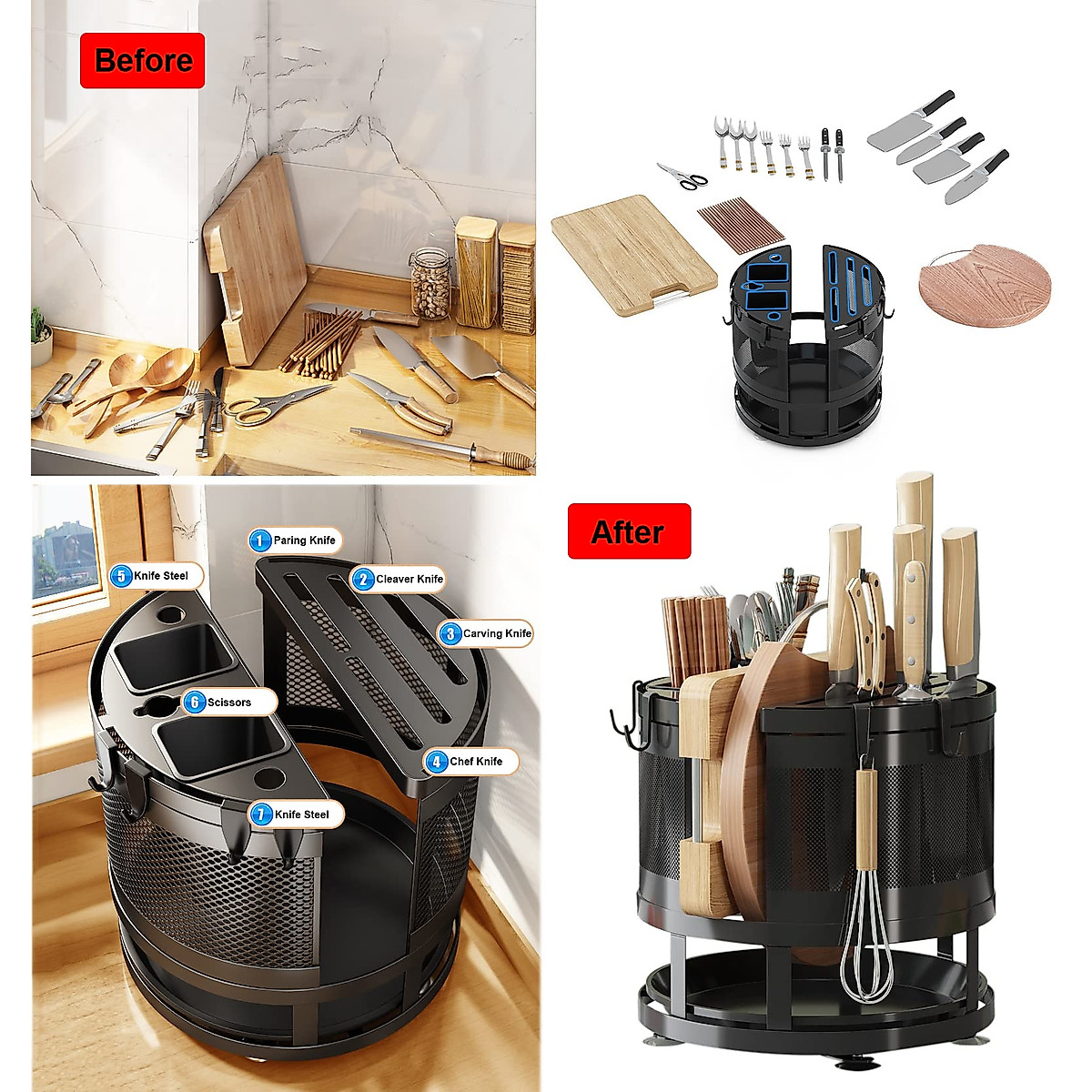 Knife Holder for Kitchen Counter, Rotating Universal Knife Block Without Knives 3 in 1 Multi-function Knife Block Set Flatware Utensil Drying Rack Cutting Board Organizer with Drain Tray and hooks