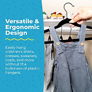 Fontaines Luxury Kid's Black Velvet Felt Non Slip Clothes Hangers 50 Pack - Ultra Slim & Space Saving - Heavy Duty Swivel Black Hook for Children's Clothing, Shirt, Dress, Skirt & Pants Organization