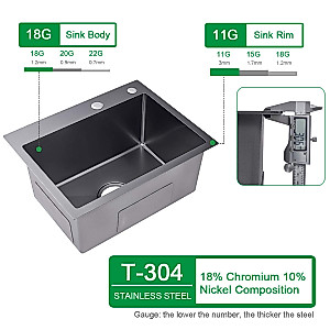 OUGOO 22 x 18inch Drop-in Tight Radius Black Stainless Steel Topmount Kitchen Sink Single Bowl