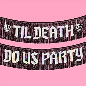 xo, Fetti Til Death Do Us Party Fringe Banner - Black and Iridescent, 5 Ft. | Bachelorette Party Decoration, Gothic Bach, Bridesmaid Favor, Rock Bride to Be Gift, Bridal Shower Supplies, Photobooth Backdrop